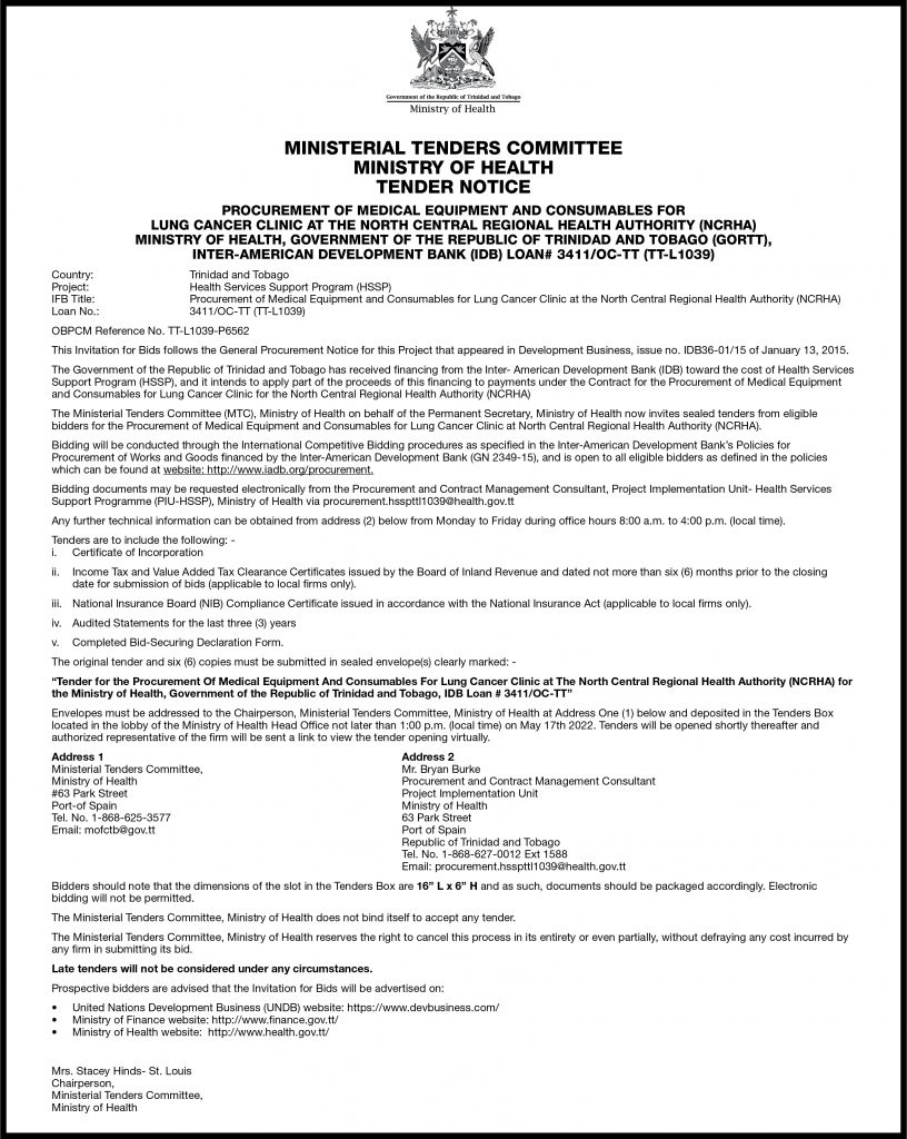 Ministry of Health: Tender Notice – EASTERN REGIONAL HEALTH AUTHORITY