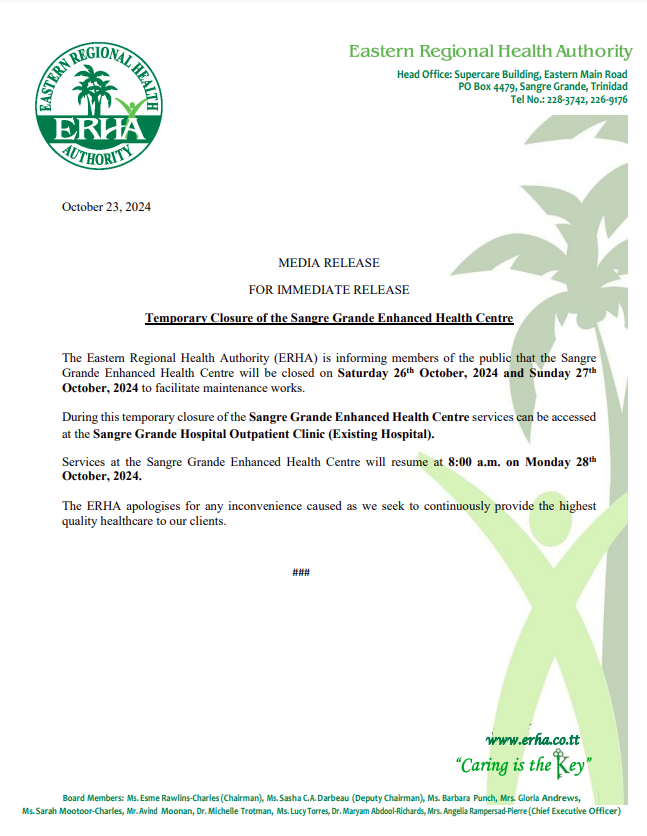 Temporary Closure of the Sangre Grande Enhanced Health Centre – EASTERN ...