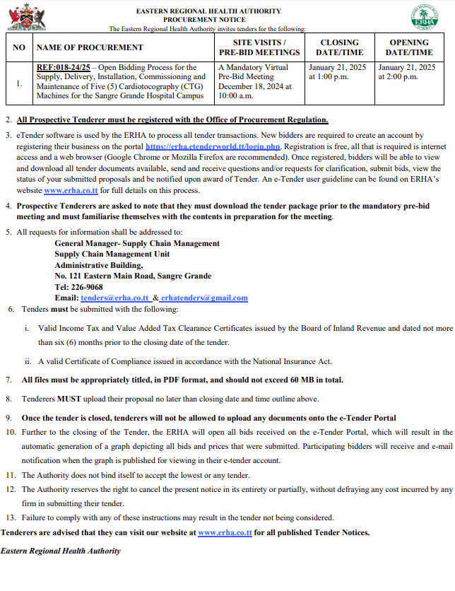 ERHA Procurement Notice – EASTERN REGIONAL HEALTH AUTHORITY