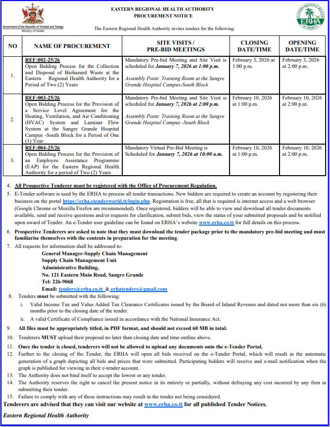 ERHA Procurement Notice – EASTERN REGIONAL HEALTH AUTHORITY